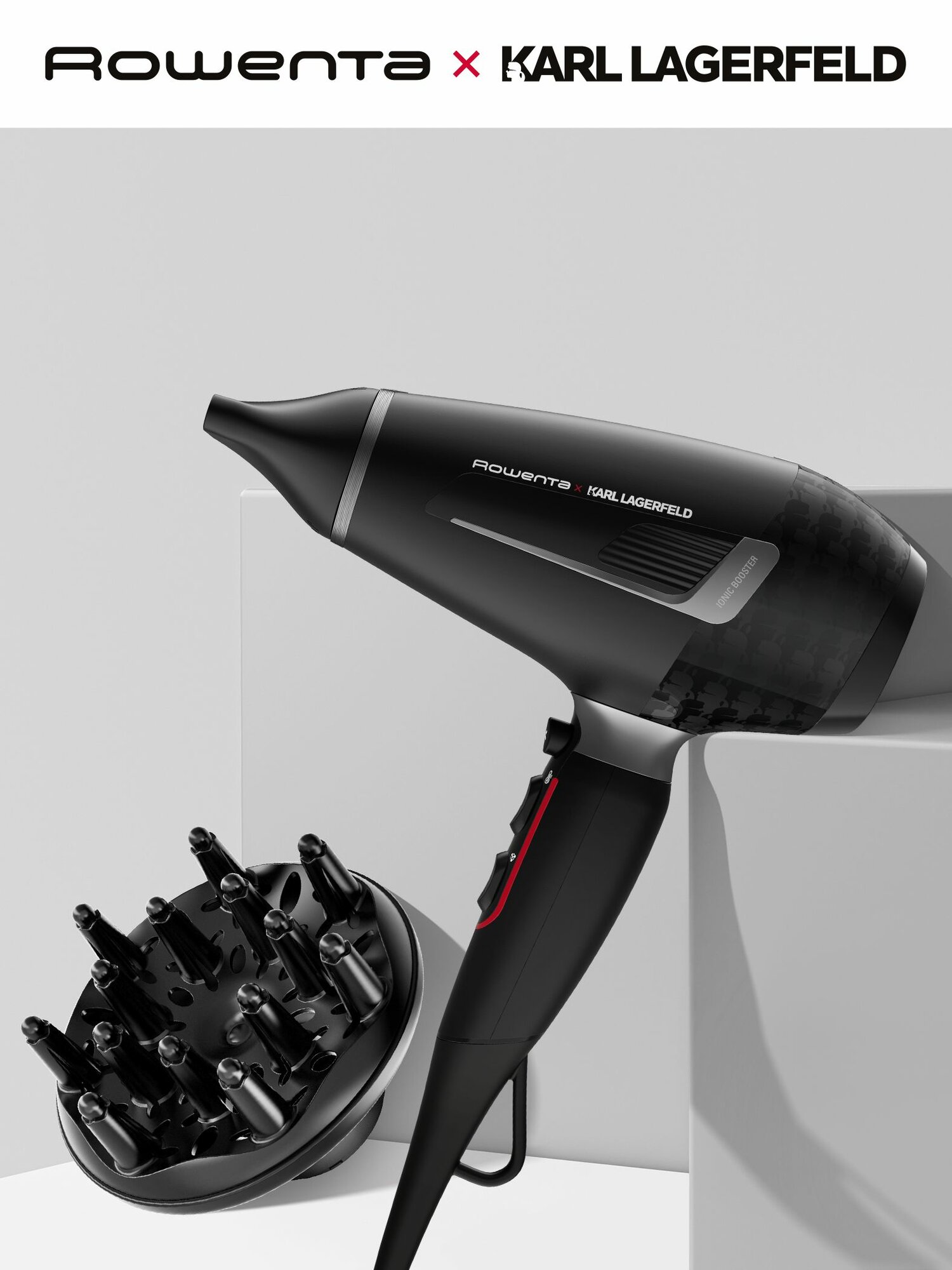 Фен для волос профессиональный Rowenta Karl Lagerfeld K/Pro Stylist CV887LF0 с ионизацией и 3 насадками, 6 режимов, 2200 Вт, черный