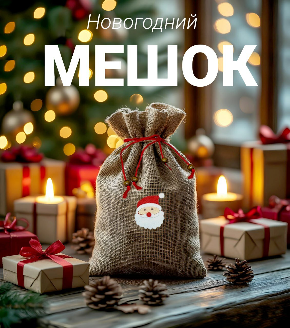 Новогодний холщовый мешочек ручной работы для подарков, натуральные ткани, 1 шт