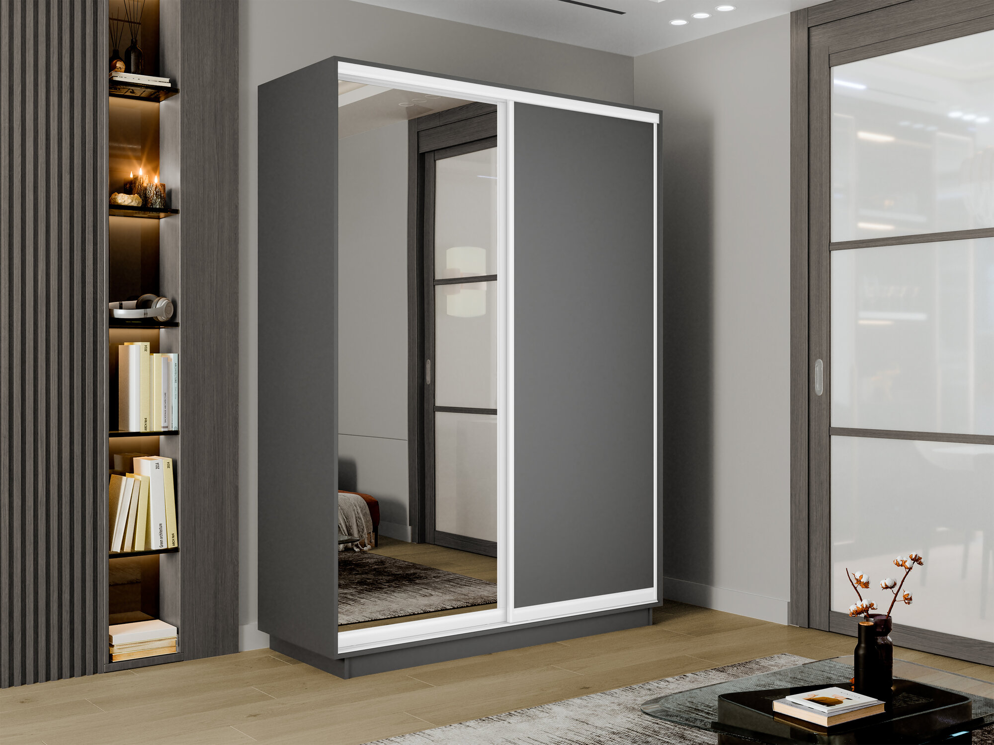 Шкаф купе Вилли 2-х дверный ЛДСП с зеркалом, профиль белый 160 см х 220 см х 60 см (Серый диамант)