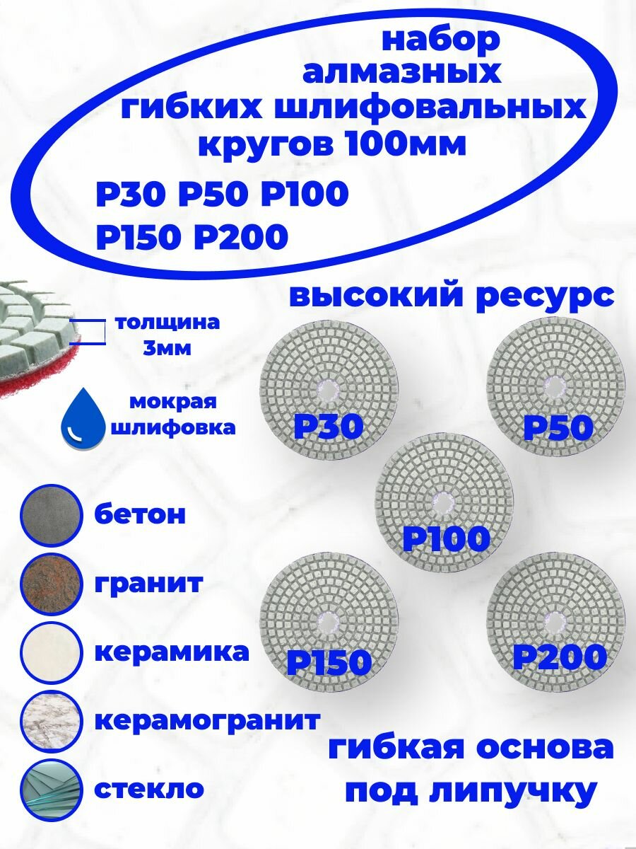 Набор алмазных шлифовальных кругов (черепашка) АГШК, 100мм, Р 30, Р50, Р100, Р150, Р200