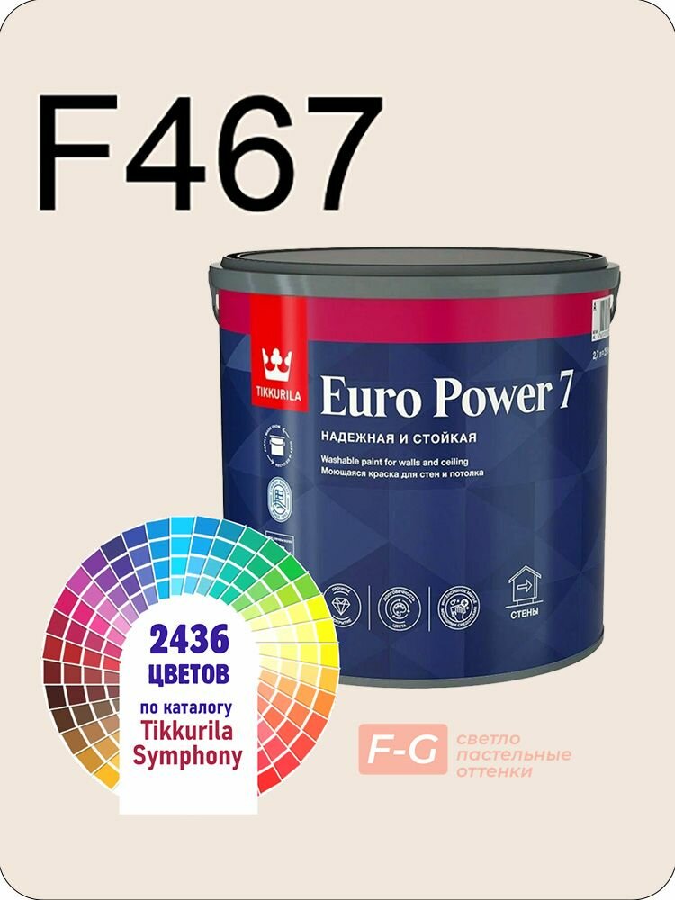 Краска для стен и потолков Tikkurila Euro Power 7 2,7л. светло-пастельные оттенки F467
