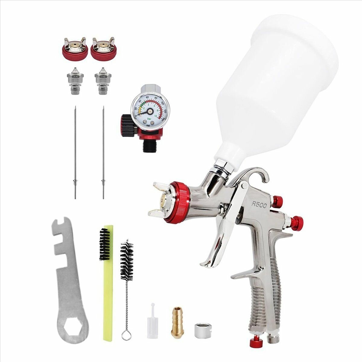 Комплект пневматического краскопульта R500 LVLP с соплами 1,3/1,5/1,7 дюйма (пластик + металл)