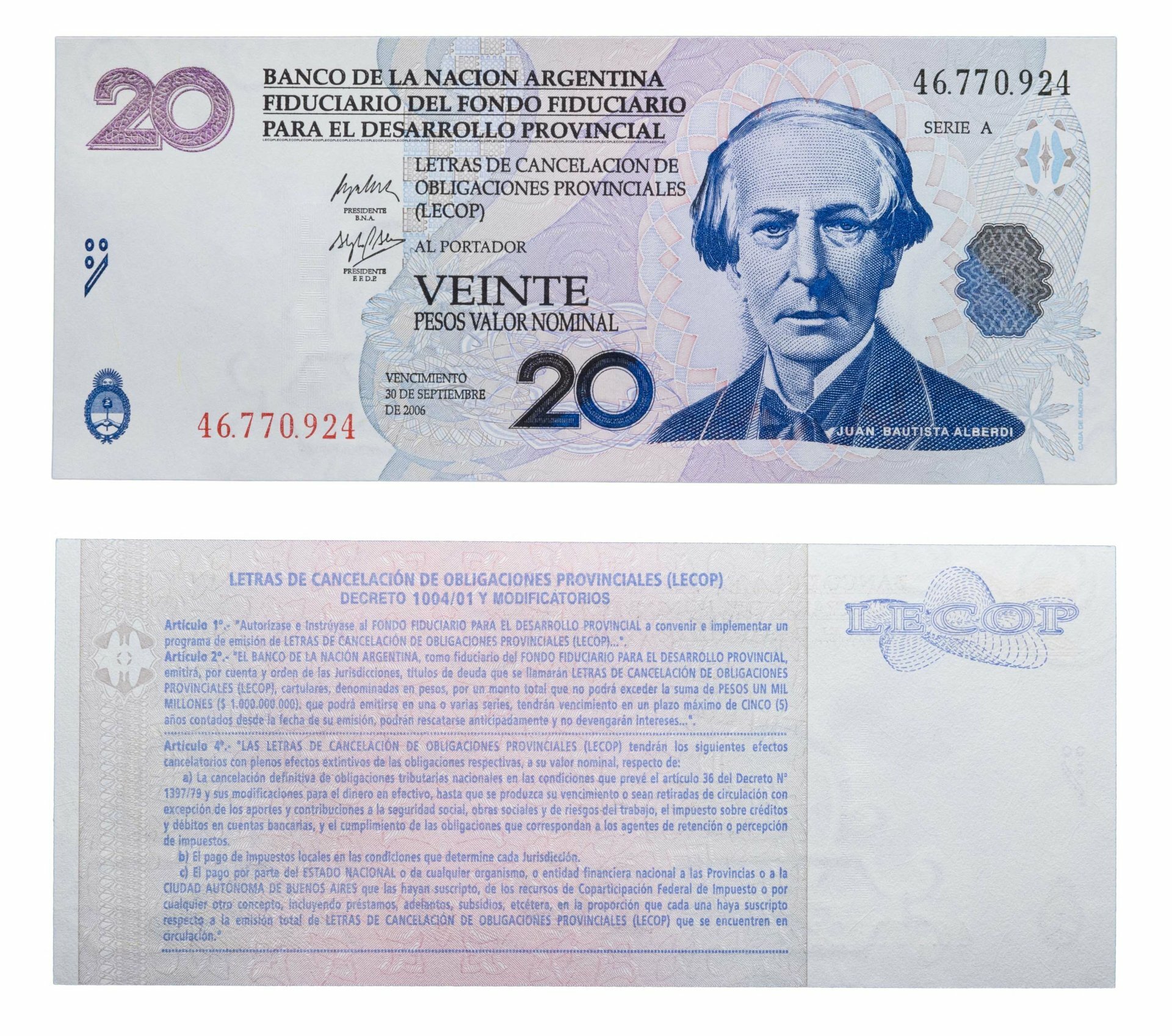 Аргентина 20 песо 2001 - 2006 года Pick S-2754a 1 Провинциальные выпуски LECOP