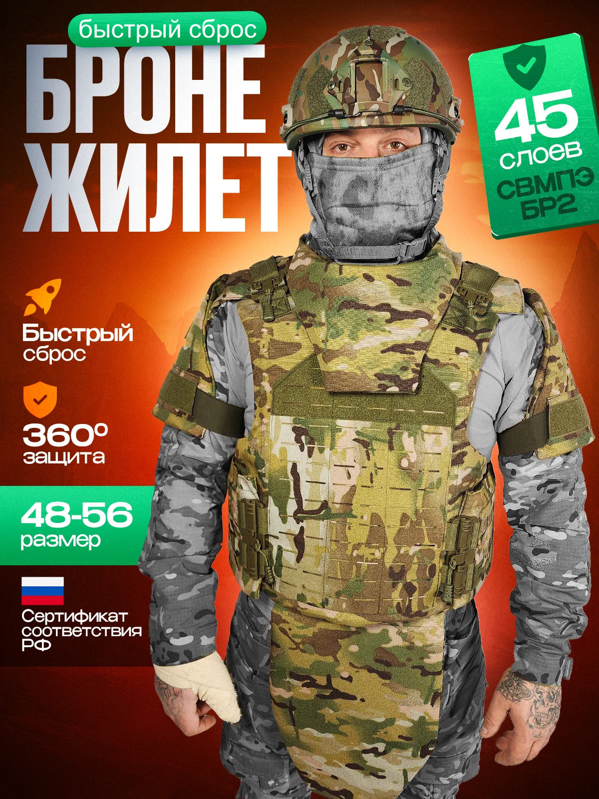 Бронежилет модульный с системой самосброса. Защита из свмпэ, защита плеч, шеи, напашник.