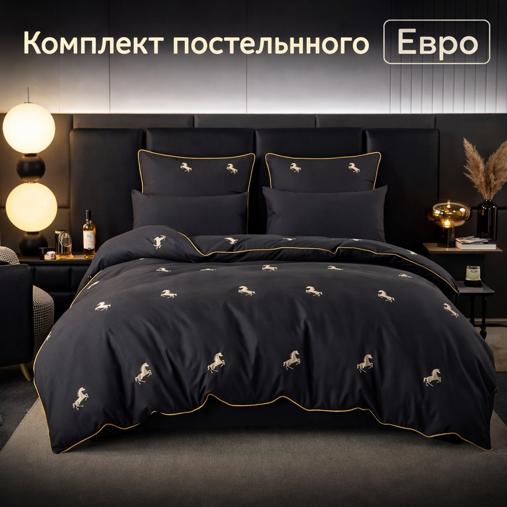 Комплект постельного белья Евро - Черный Лошадь / Пододеяльник-200-220 см. / Простыня - 220-240 см./ 4шт. Наволочки- 50х70 см.-2шт, 70-70-2шт.