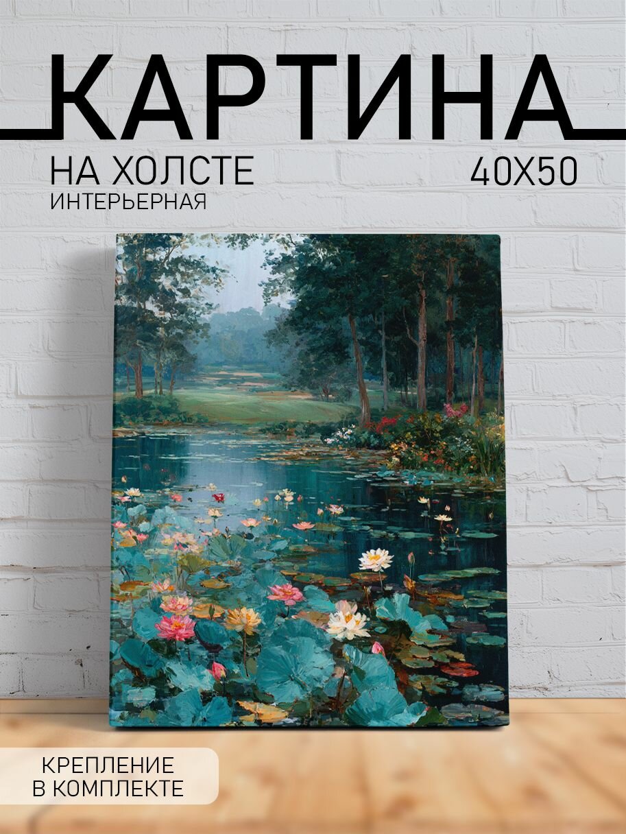 Картина на стену для интерьера на холсте с подрамником "Природа. Лес. Пруд", 40х50 см