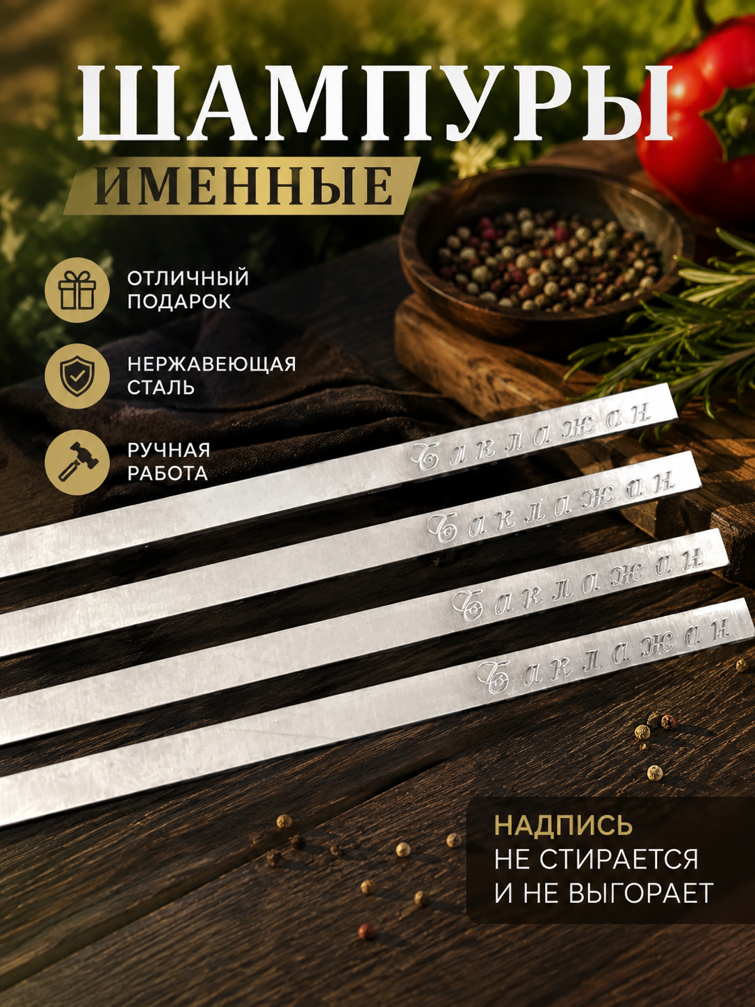 Шампур с гравировкой из нерж. стали толщиной 1.5мм от бренда «Резка Металла»
