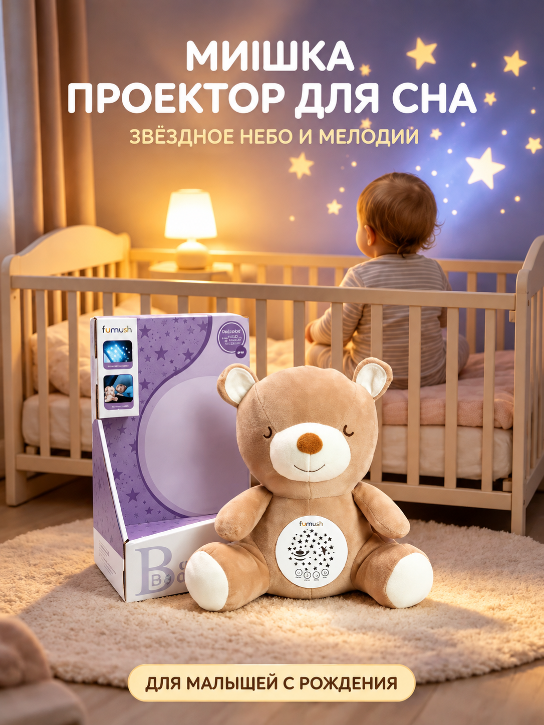 Мягкий мишка-проектор для сна, ночник с проекцией звездного неба и колыбельными, для малышей с рождения