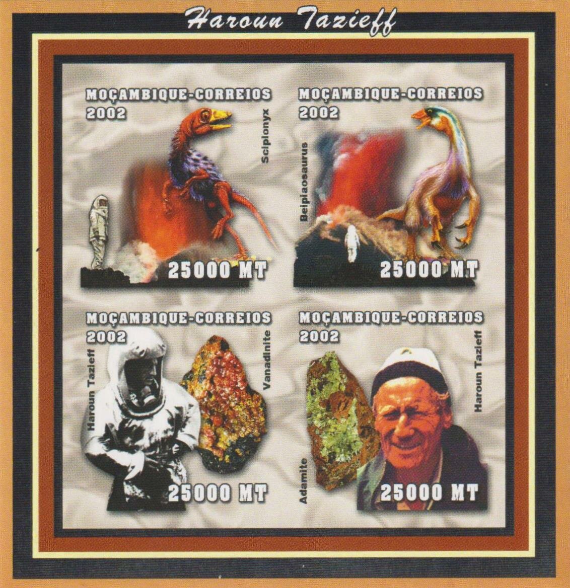 Почтовые марки Мозамбик 2002г. "Личности - Вулканолог Гарун Тазиев и динозавры" Динозавры, Вулканы, Ученые MNH