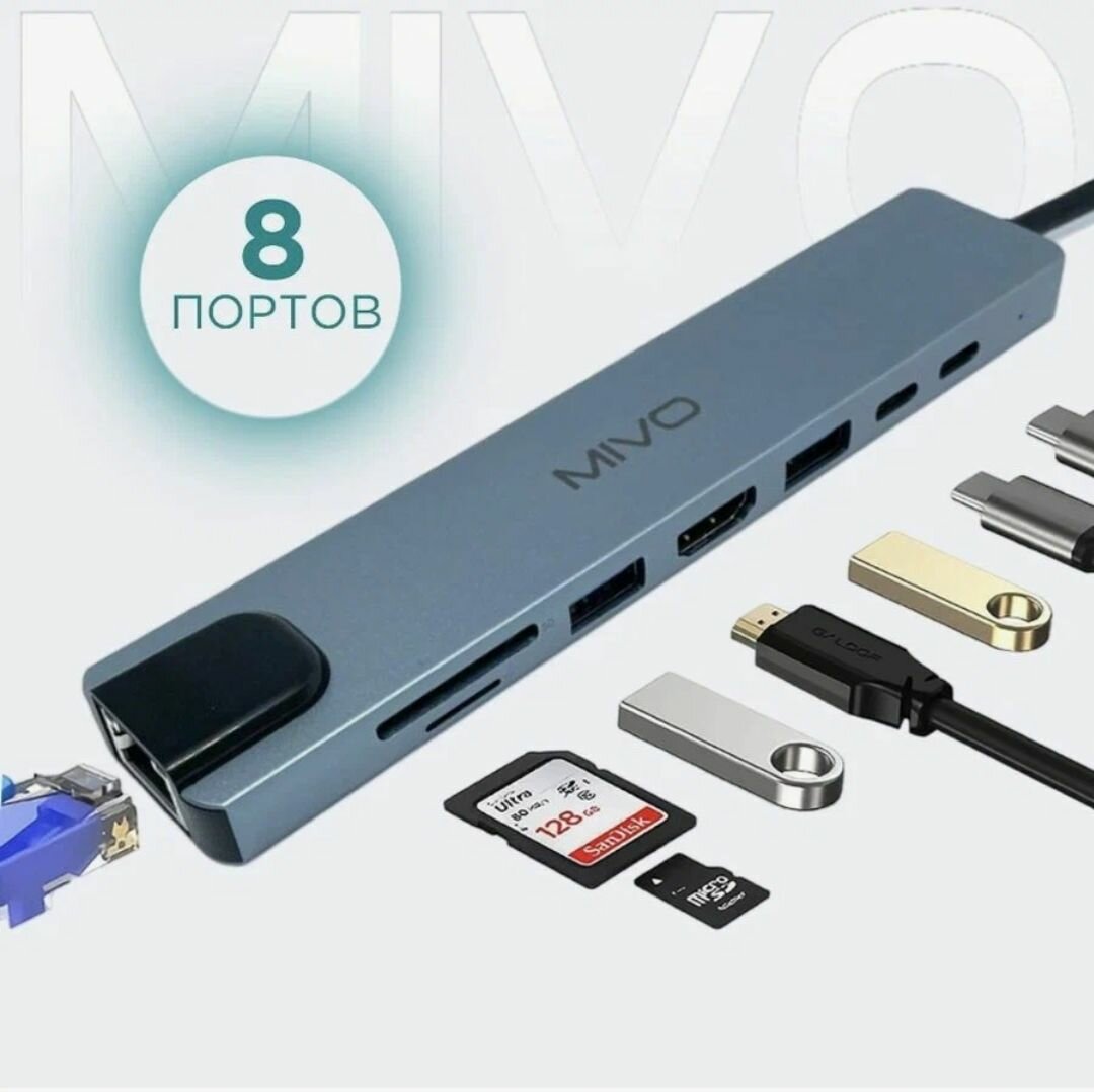 USB HUB разветвитель 8-в-1 Type-C Adapter Type-C до 8 устройств!