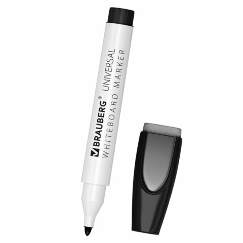 Маркер стираемый на магните со стирателем для белой доски черный, BRAUBERG "UNIVERSAL", 3 мм, 152490