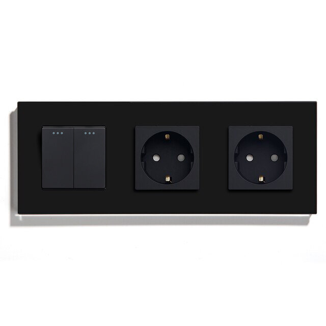 Выключатель с розеткой, 2 клавиши 2 розетки, 3 поста (M2+2F) рамка стекло 228х86мм цвет черный