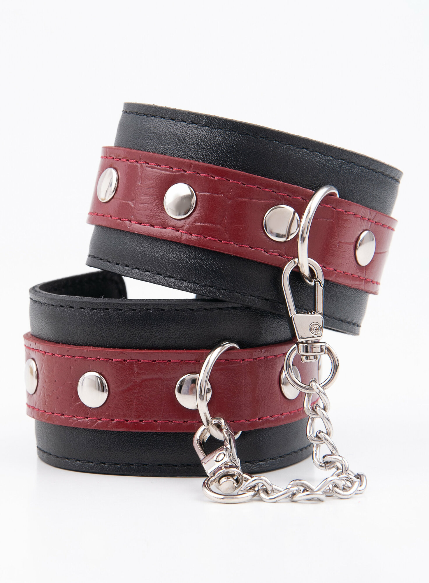 Наручники БДСМ черно-красные sweet cherry от Fire Horse из натуральной кожи