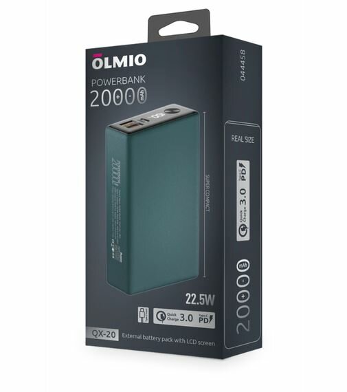 Портативное зарядное устройство Olmio QX-20 20000mAh, 22,5W, QC 3.0,18W, PD, темно-зеленый
