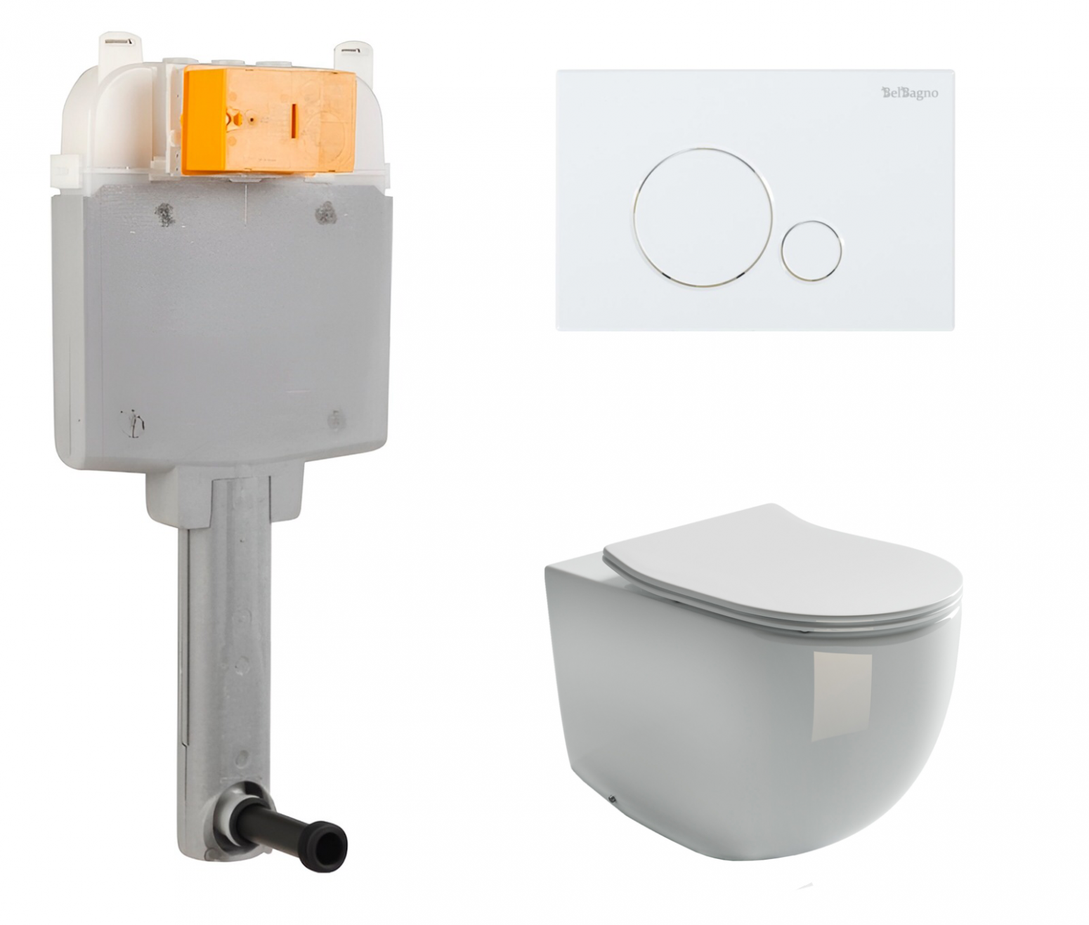 Комплект 3 в 1 смывной бачок скрытого монтажа BelBagno BB025-CS + Унитаз приставной Ceramica Nova Metropol CN4004 с кнопкой белой Sfera BB025-CS + CN4004 + BB014-SR-BIANCO
