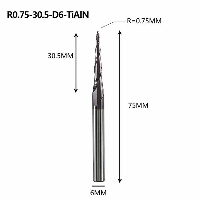 Dreanique конусная фреза по дереву (R0.75 L30.5 d6 покрытие TiAlN) P2BC-R0.75-30.5-H6 39793