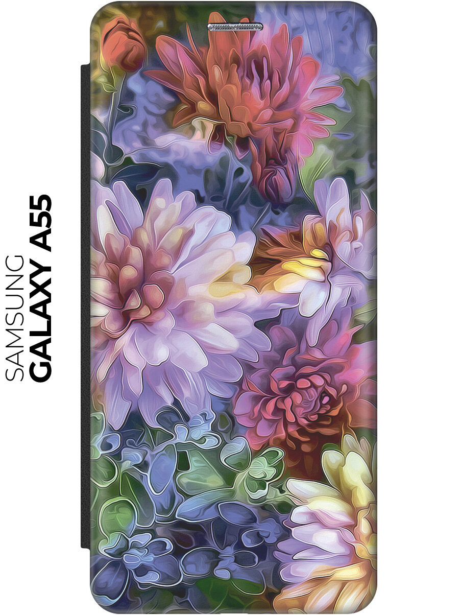 Чехол-книжка на Samsung Galaxy A55 / Самсунг А55 с рисунком "Цветные хризантемы" черный