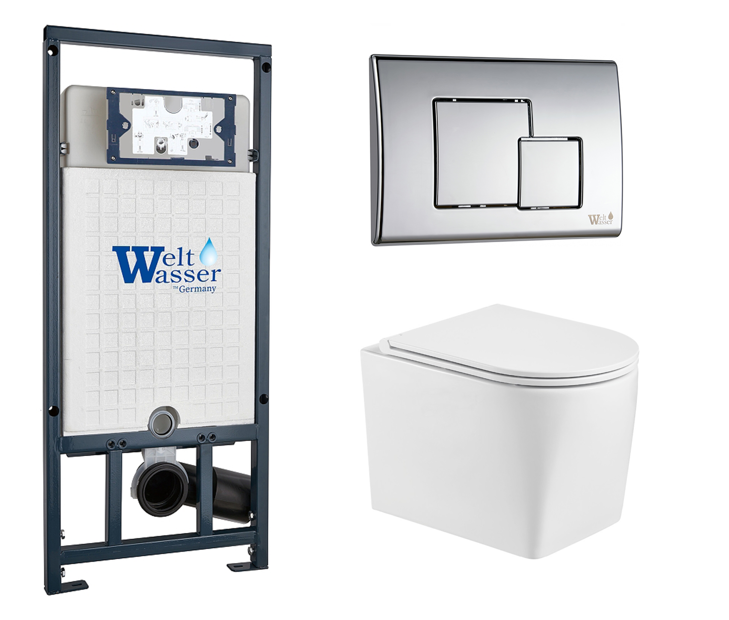 Комплект 3 в 1 инсталляция WeltWasser WW Marberg 507 + Подвесной унитаз WeltWasser Nesenbach 004 GL-WT с кнопкой хром SE 10000005949 + 10000005953 + 10000010236