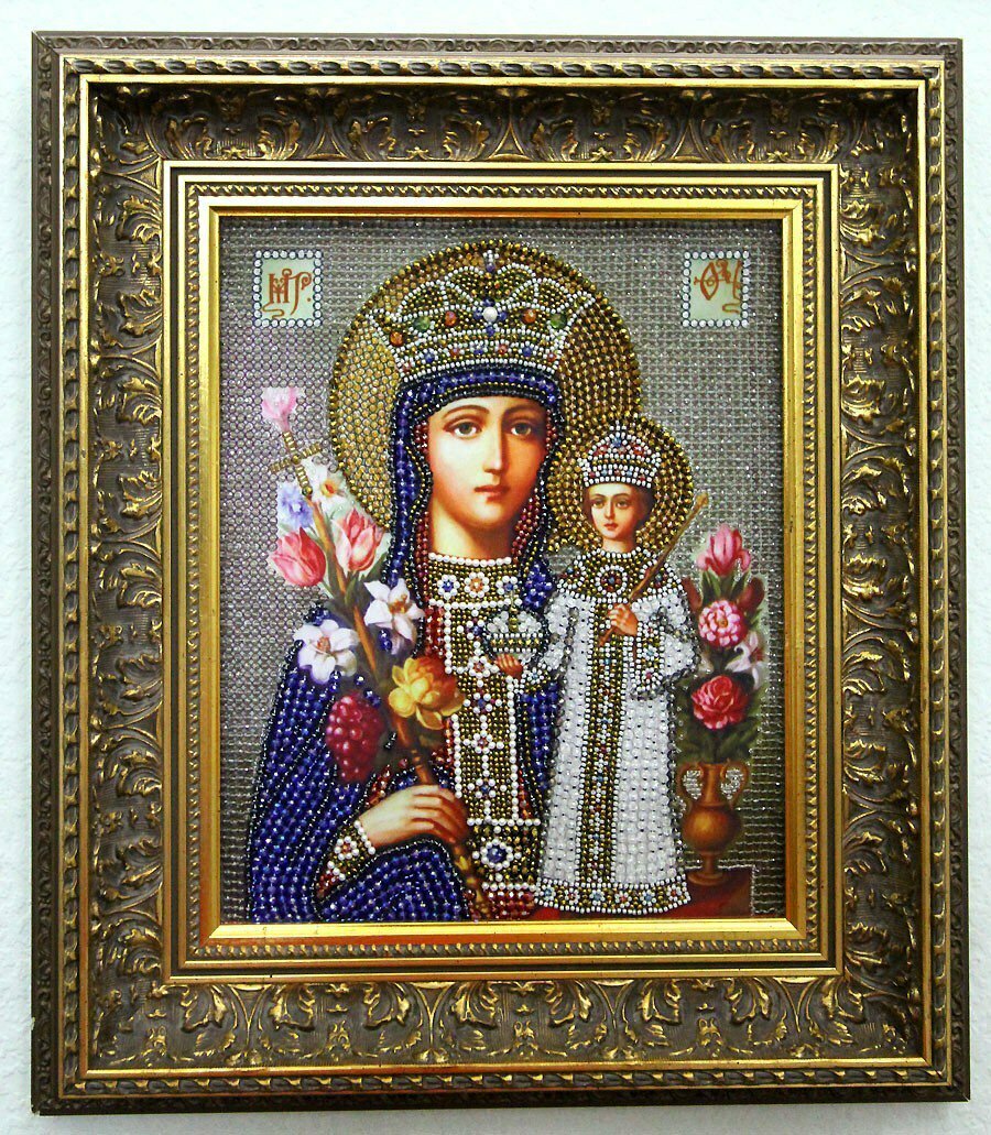 Вышитая картина хрустальными бусинами и настоящими камнями икона Неувядаемый цвет M7707