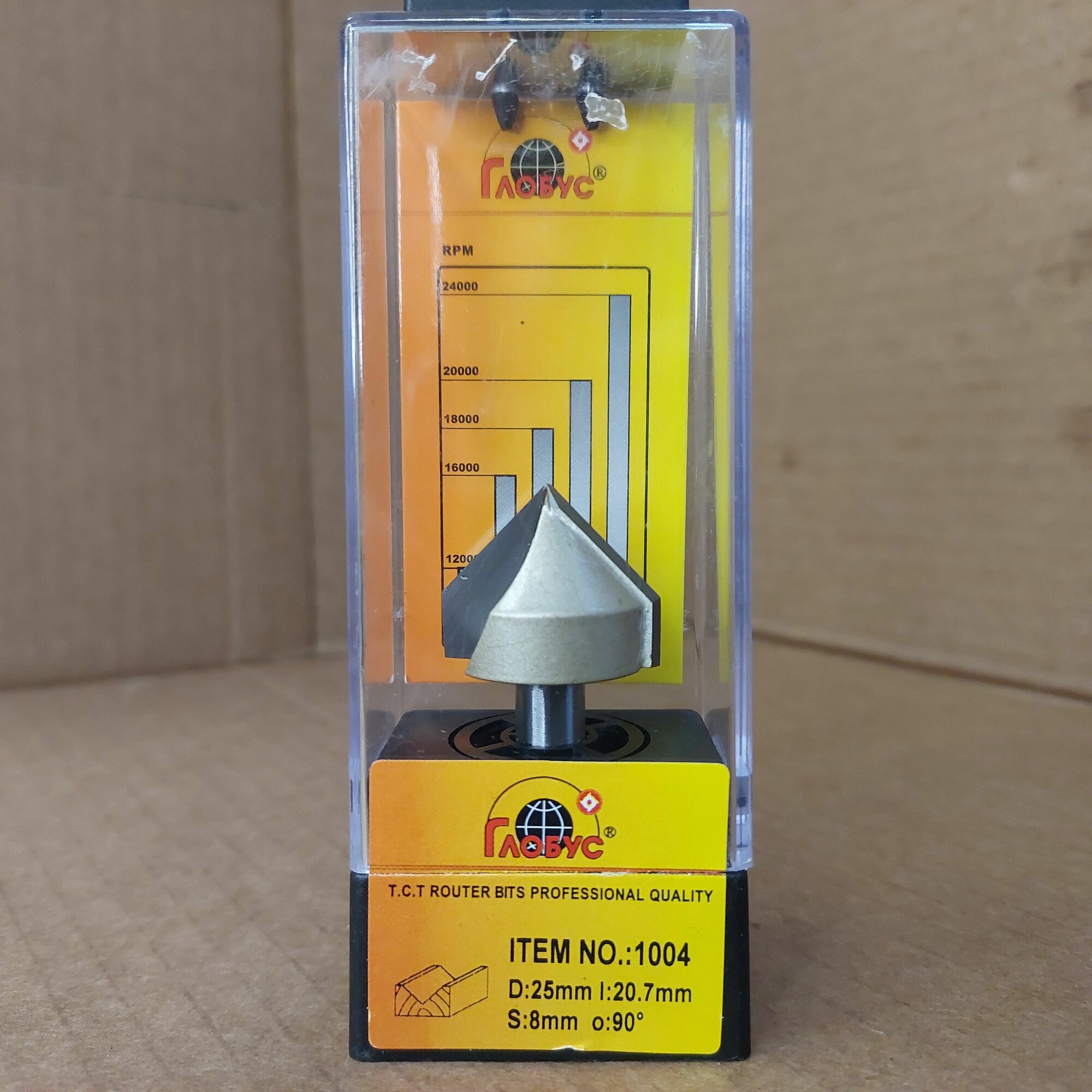 Фреза V образная 90 гр Глобус 1004 Пазовая V обр D:25mm I:20.7mm d:8mm o 90