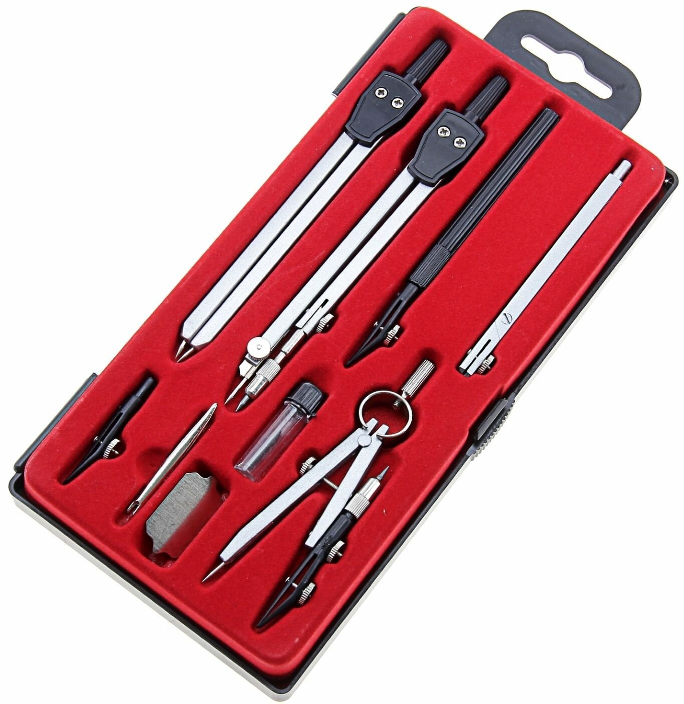 Готовальня для черчения из 9 предметов (циркуль с грифелем, 2 кронциркуля, рейсфедер, ручка-удлинитель с рейсфедером, отвёрткой, центриком и удлинителем), чертежный набор в металлическом пенале