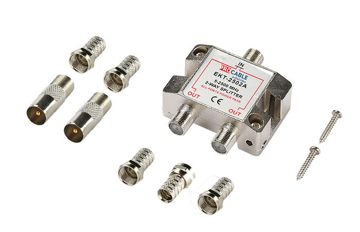 ТВ комплект №7: Сплиттер на 2 ТВ 5-2500 MHz "спутник", с разъёмом F (3 штуки) и наборами - ТВ штекер прямой + F (2 штуки)