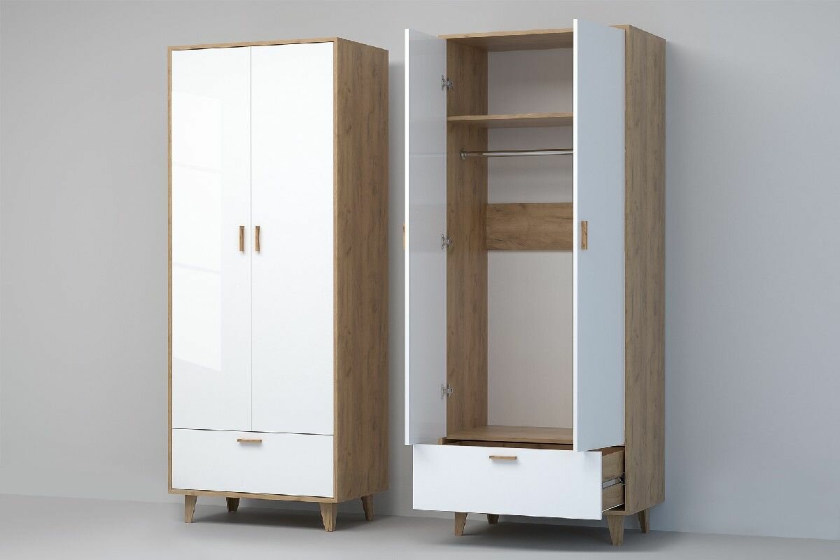 Шкаф 2-х дверный "Эго" ШК-1 (НГ) Белый глянец / Дуб Крафт золотой