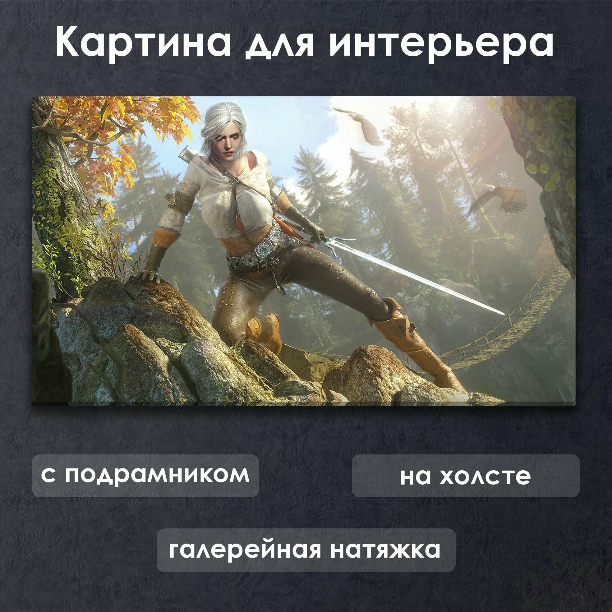 Картина для интерьера с подрамником на холсте на стену Ведьмак Цири на охоте 90 x 50 см