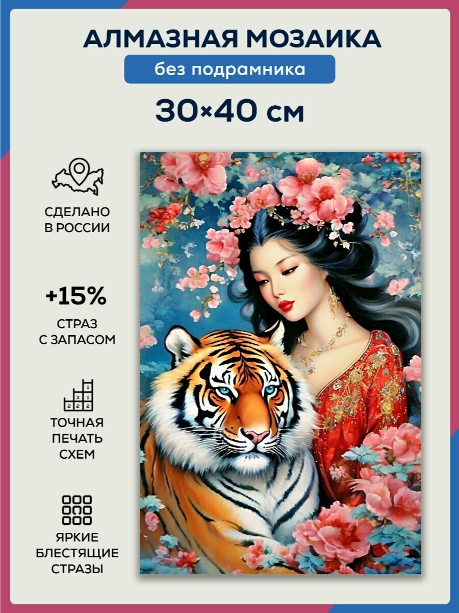 Алмазная мозаика 30x40 Девушка с тигром без подрамника