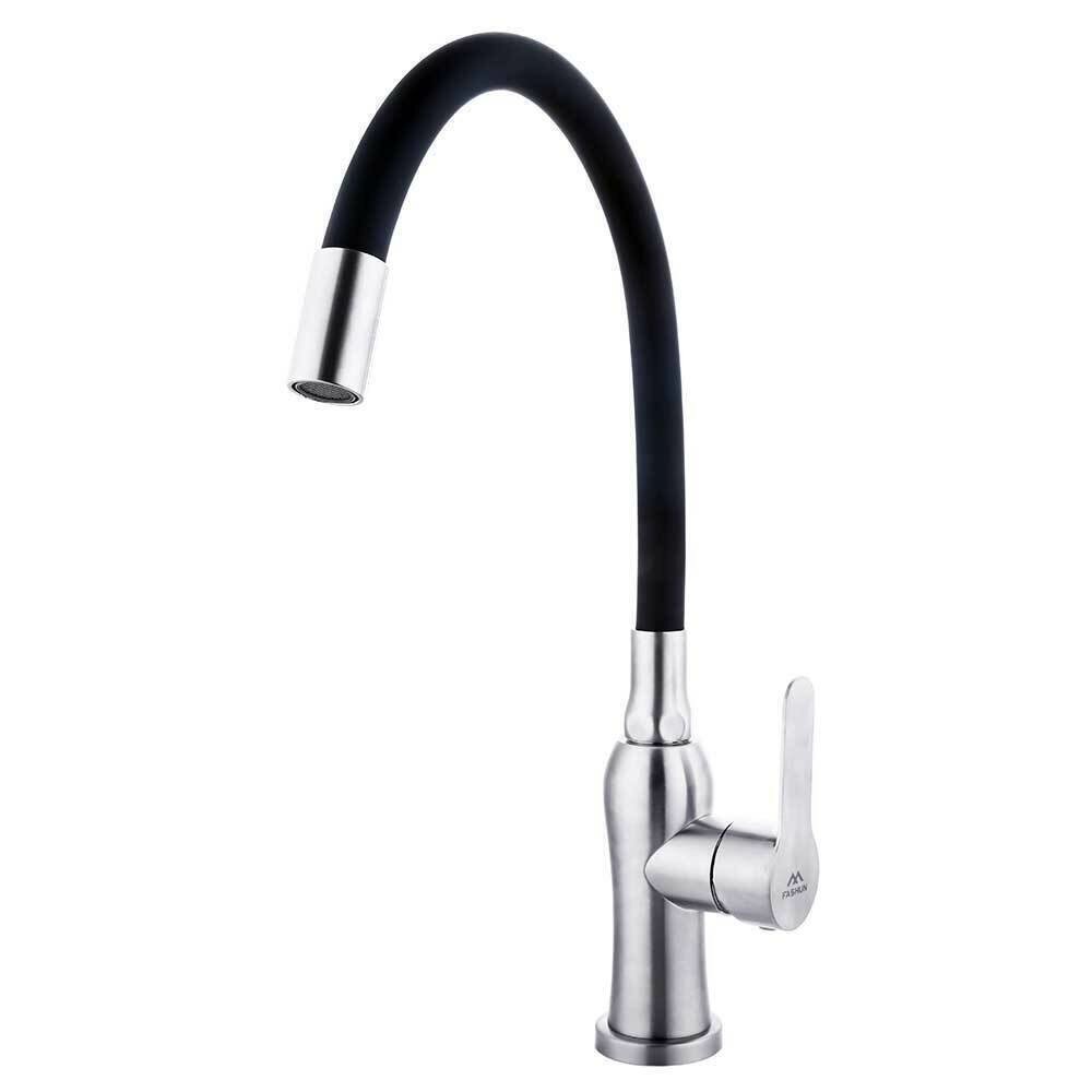 Смеситель для кухни из нержавеющей стали с гибким силиконовым изливом FASHUN A54801-7, цвет излива черный