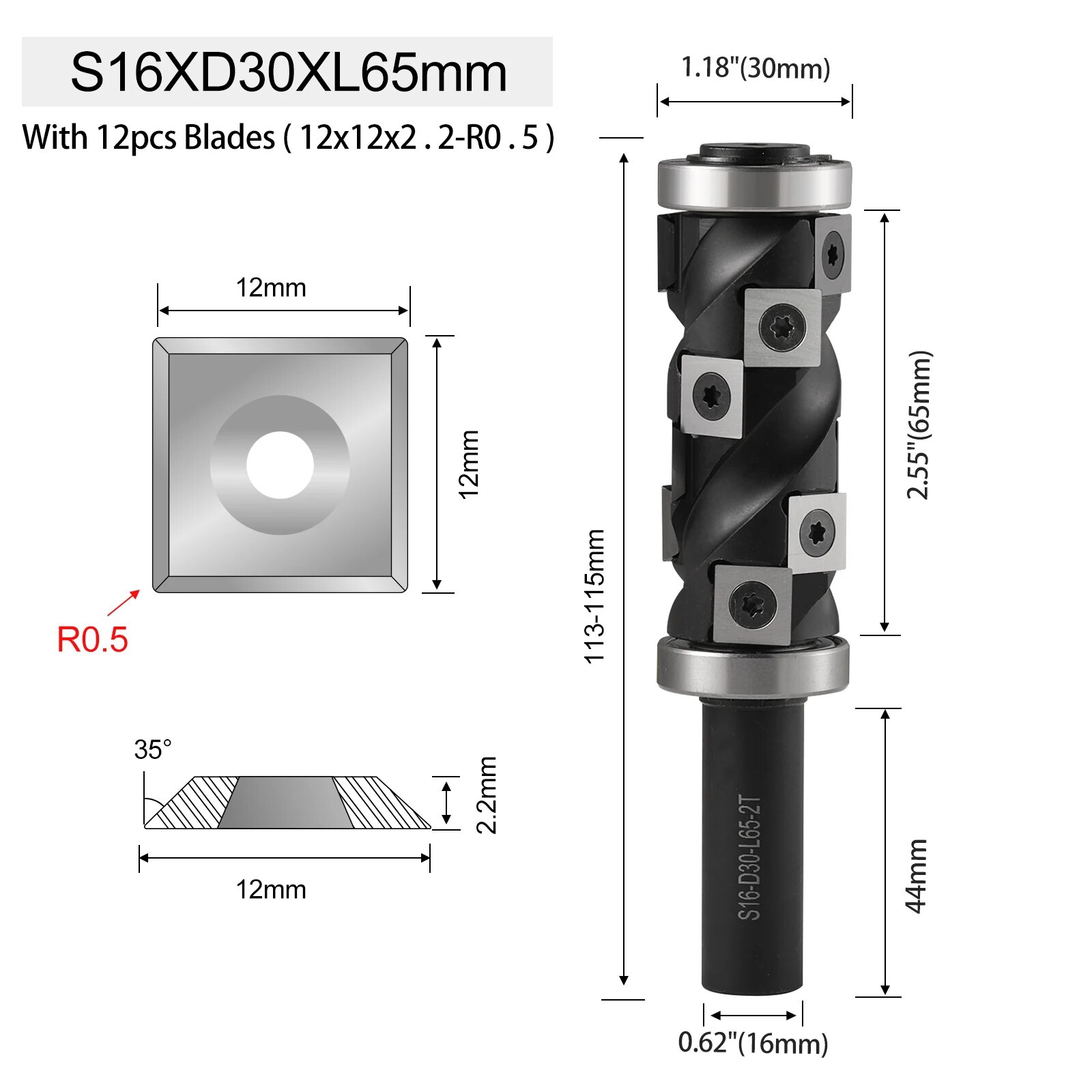 Фреза деревообрабатывающая S16XD30XL65mm, 12x12x2.2-R0.5