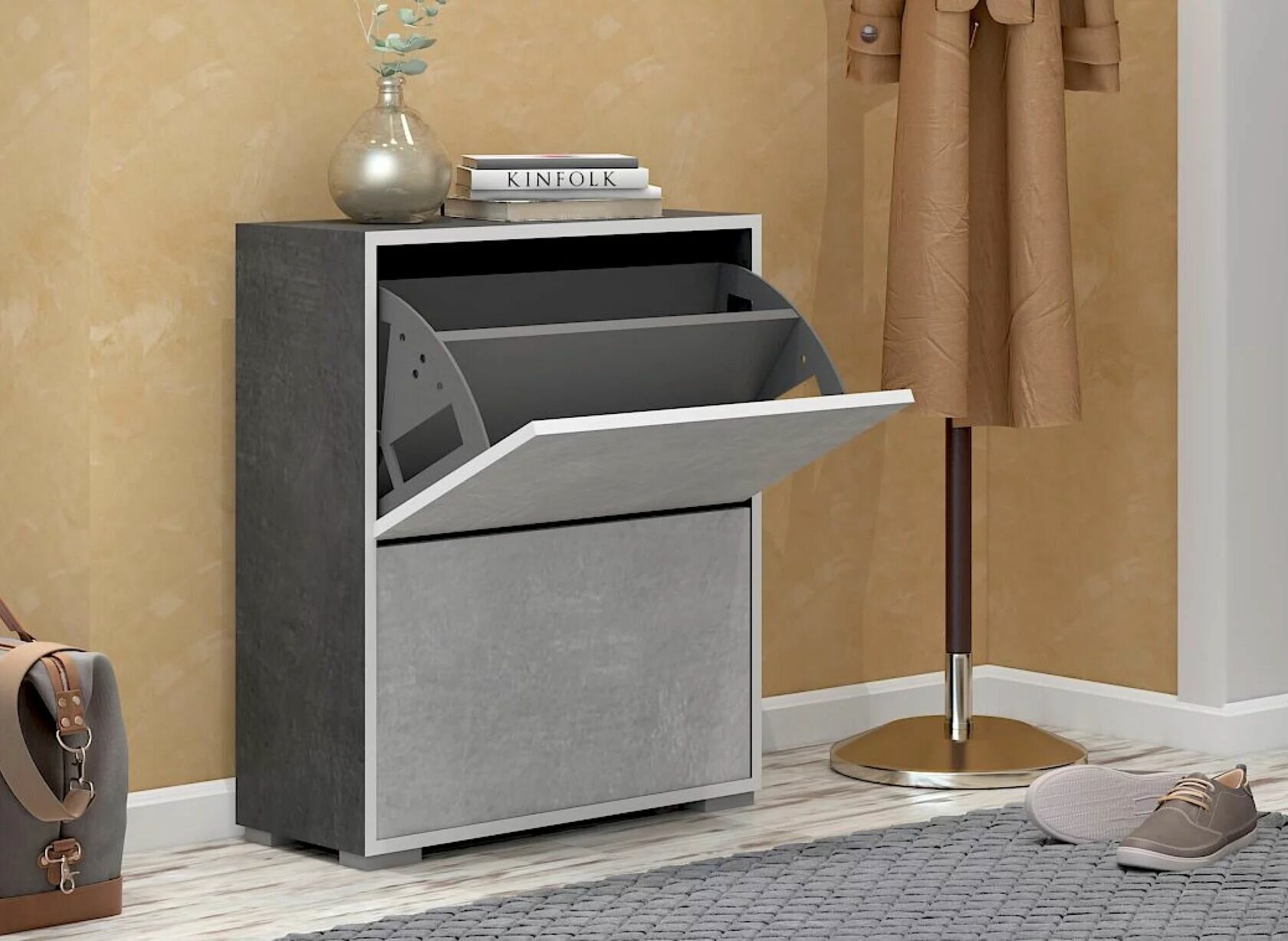 Обувница ОШК-201, Бетон тёмный/светлый, ширина 60 см, для обуви в прихожую, для дома