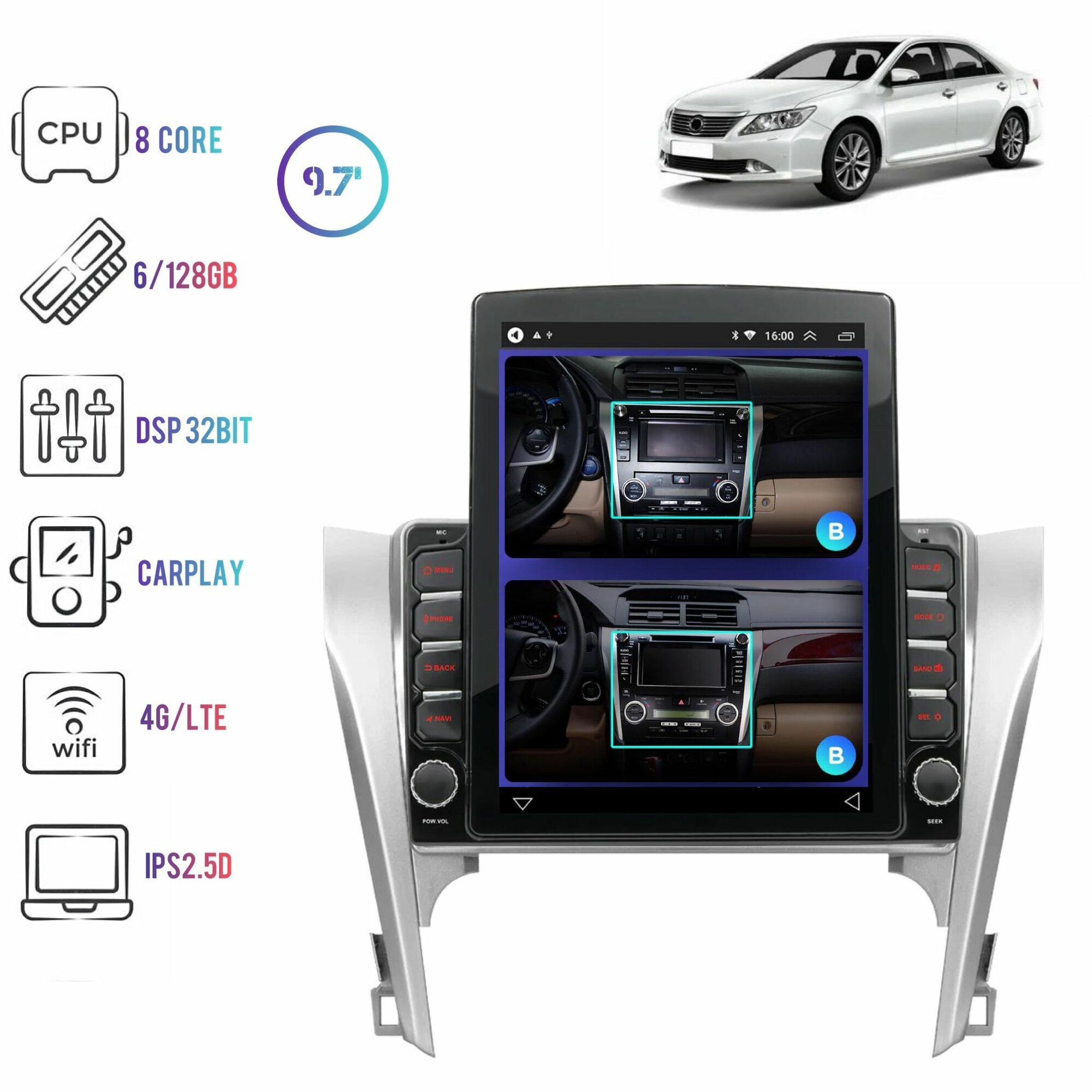 Магнитола 9.7 Tesla для Toyota Camry 7 XV 50 2011 - 2014 MFA (CAN, AMP, CAM, USB) на Android 12 8core/6+128Gb/CarPlay/4GSIM/DSP