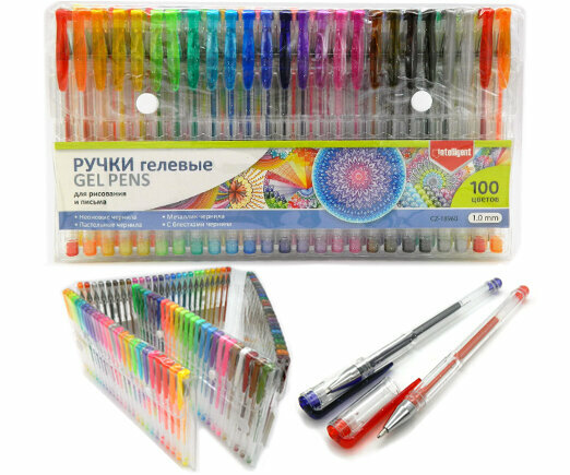 Ручки гелевые набор-100 цв. CZ-18960 (неон, пастель, металлик, блестки) прозрачный корпус, в упаковк