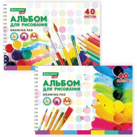 Альбом для рисования Brauberg А4, 40 листов, гребень, обложка картон, KIDS, 195х285 мм, "Творчество" (2 вида), 106684
