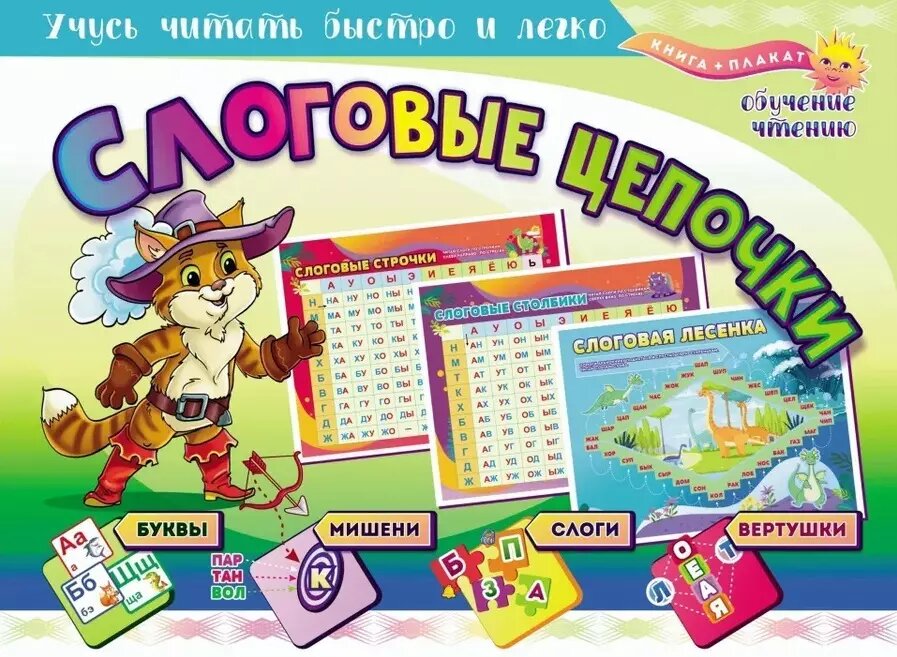 Учебный плакат "Слоговые цепочки. Учусь читать быстро и легко". 8 цветных карт, Формат А4