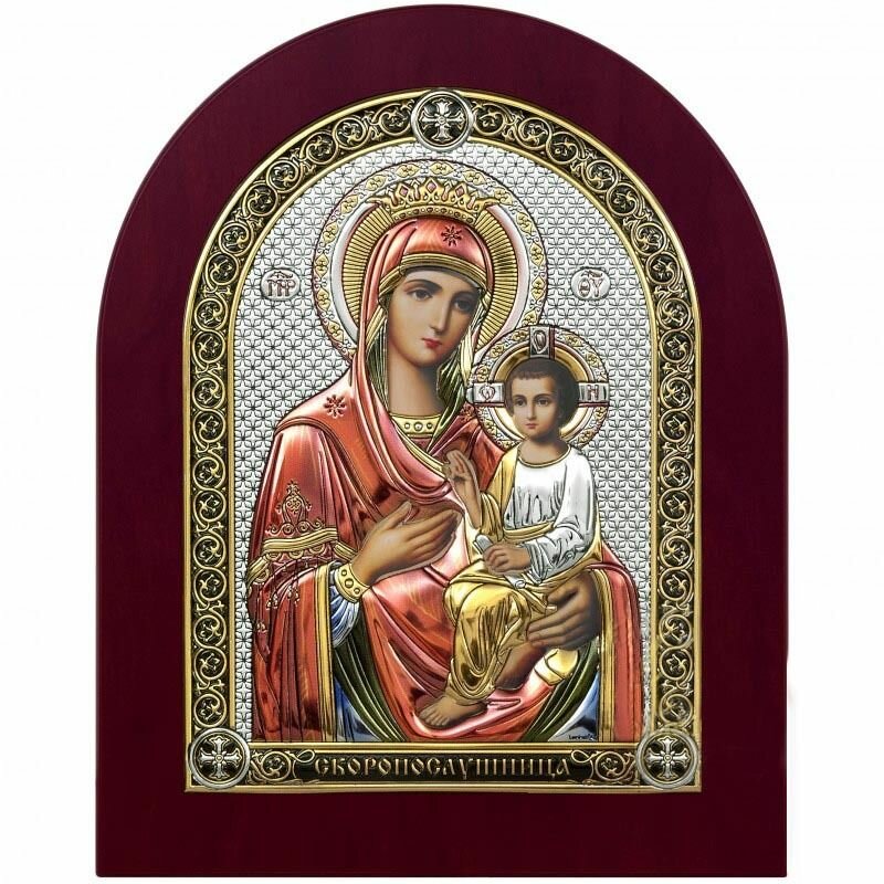 Скоропослушница. Икона Богородицы в серебряном окладе. (8 х 10 см / Цветной защитный лак. Позолота на окладе.)
