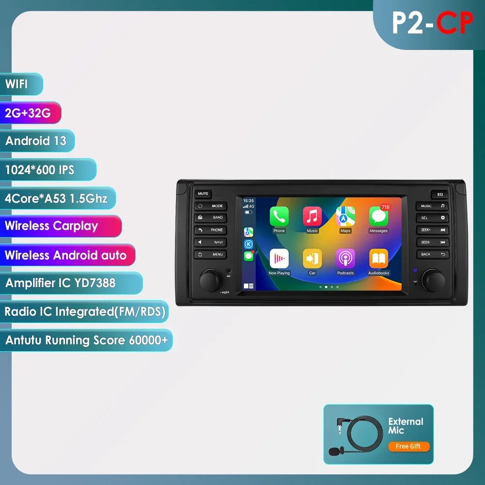 AI Carplay Android Auto Авто Радио Мультимедиа Для BMW 5 серии E39 X5 E53 M5 1996-2003 Навигация без DVD RDS Стерео GPS 7862 P2-CP