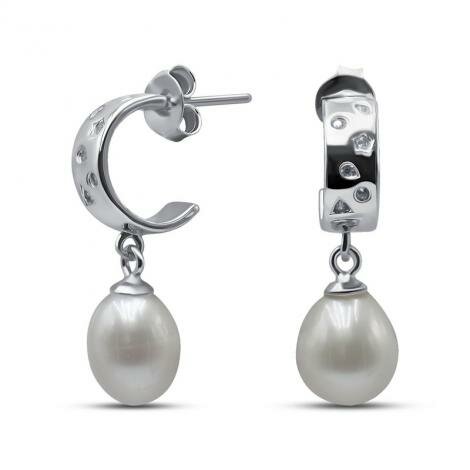 Серьги с подвесками, пусеты, серебро, 925 проба, родирование, жемчуг культивированный