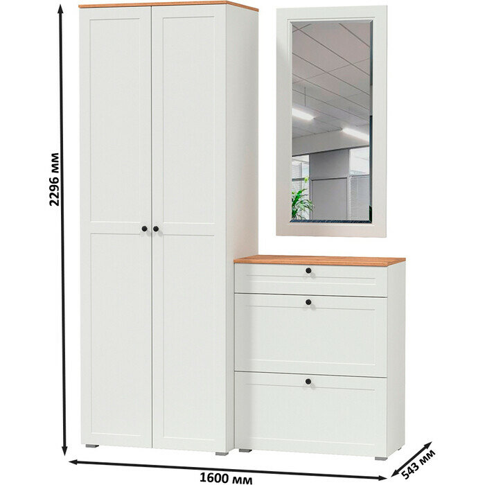 Прихожая Моби Остин №16 (шкаф, тумба, зеркало) цвет белый шагрень/дуб крафт золотой, ШхГхВ 160х54,3х229,6 см