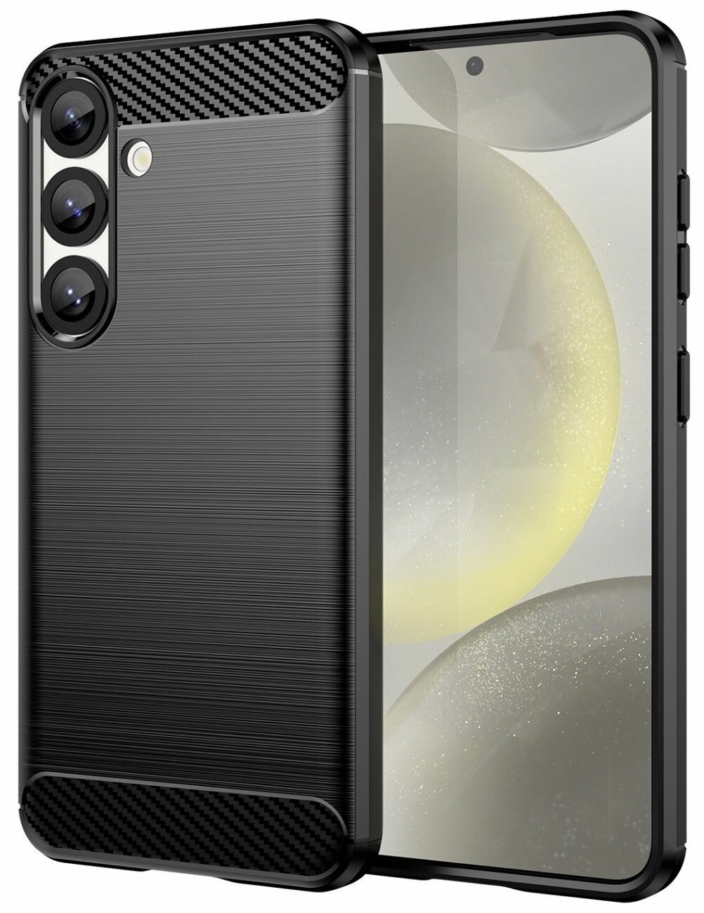 Чехол на Samsung Galaxy S25 силиконовый карбон сталь чёрный противоударный