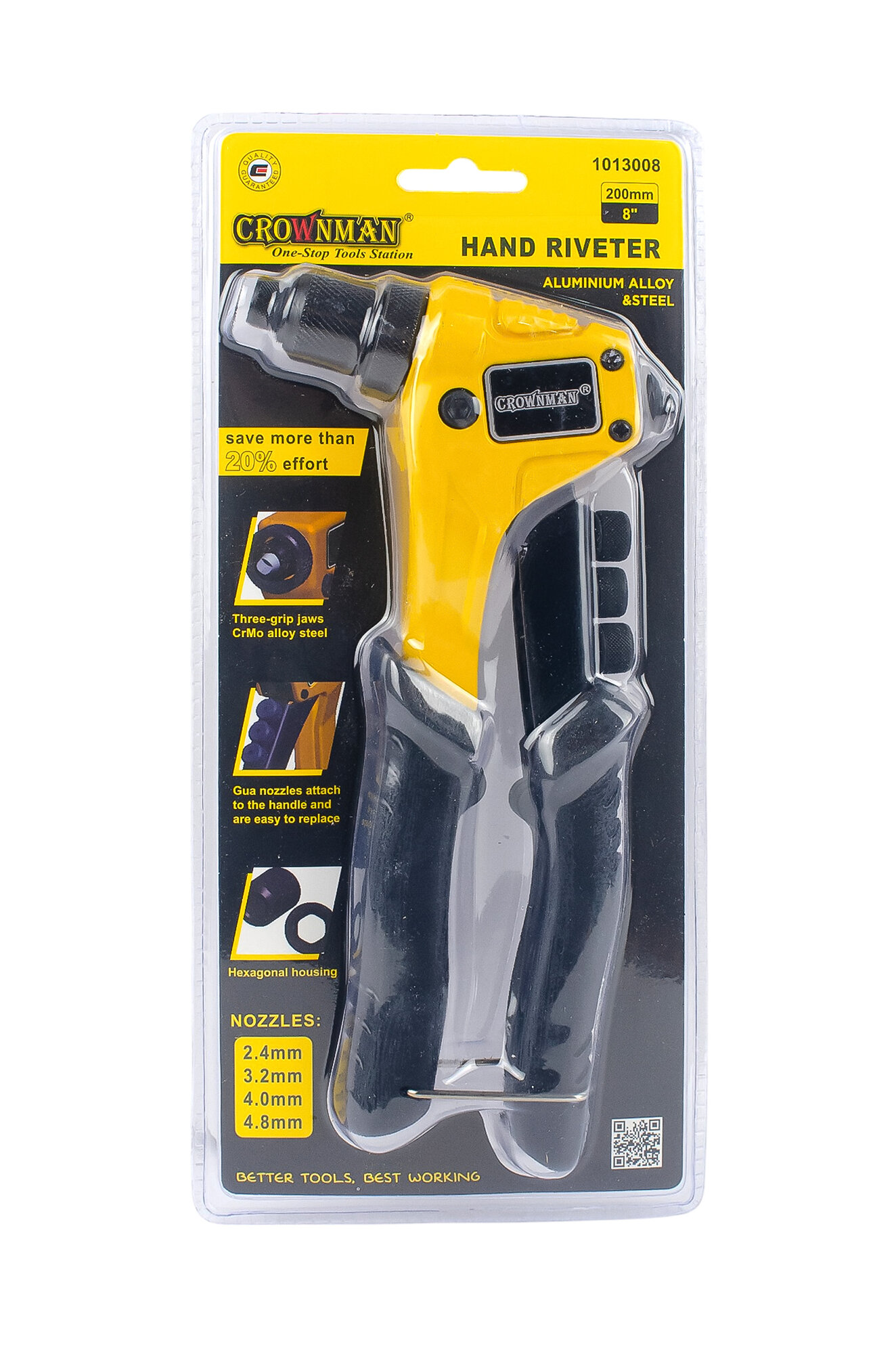 Заклепочник Crownman 1013008, механический, 200мм, 4 насадки, черный