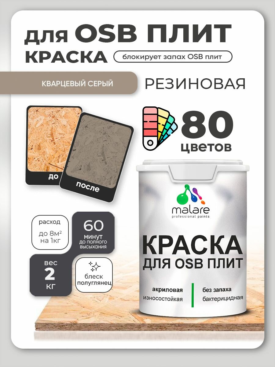Резиновая краска для ОСБ плит Malare акриловая краска для дерева для наружных и внутренних работ, быстросохнущая без запаха полуглянцевая, кварцевый серый, 2 кг
