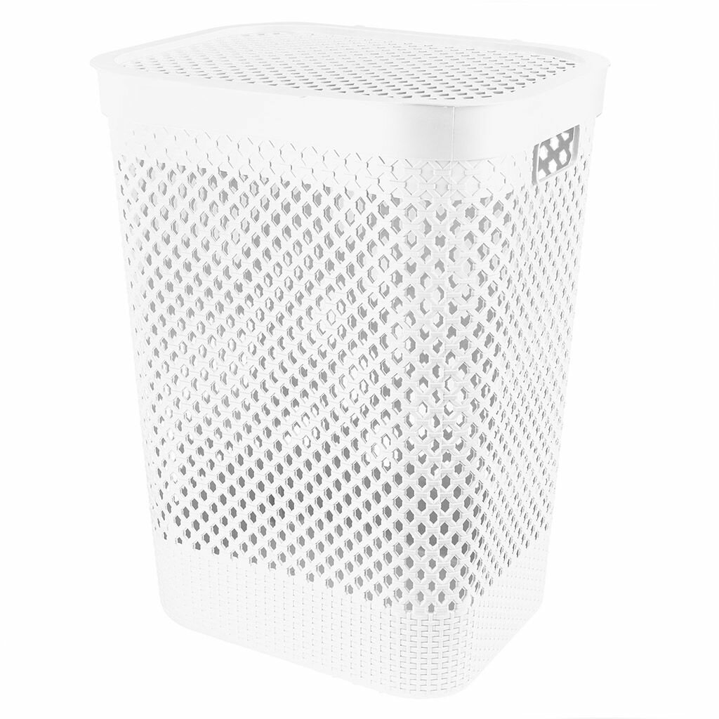 Корзина для белья Домашняя Мода "Суздаль", пластмассовая, 60 л, 45х36х60 см, с крышкой и ручками, белая