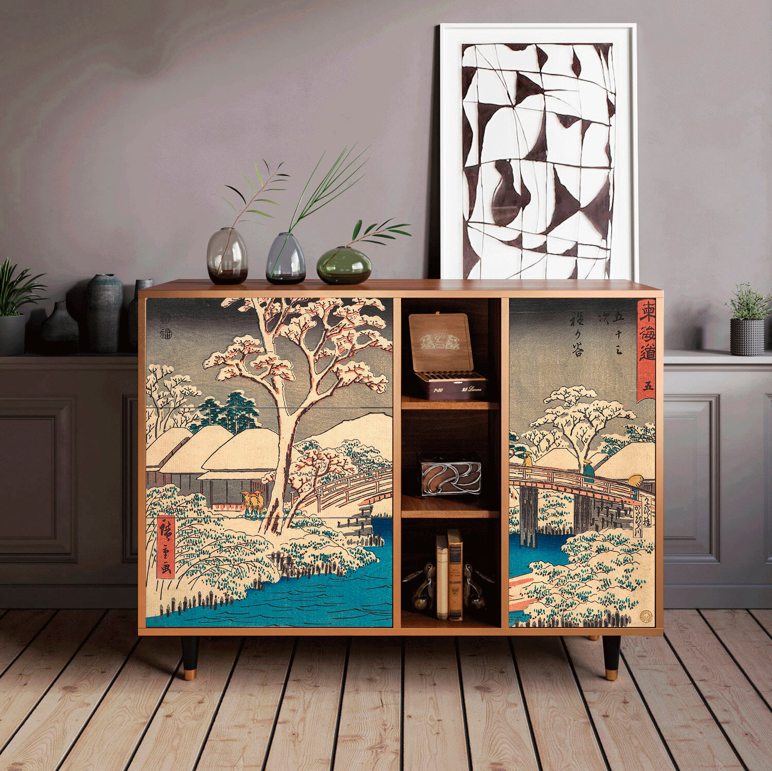 Комод - STORYZ - BS2 Katabira River by Utagawa Hiroshige, Разер - 125 x 97 x 48 см , Цвет корпуса - Орех