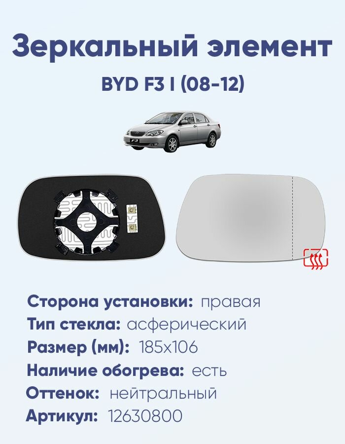Зеркальный элемент правый BYD F3 I (08-12) асферика нейтральный с обогревом