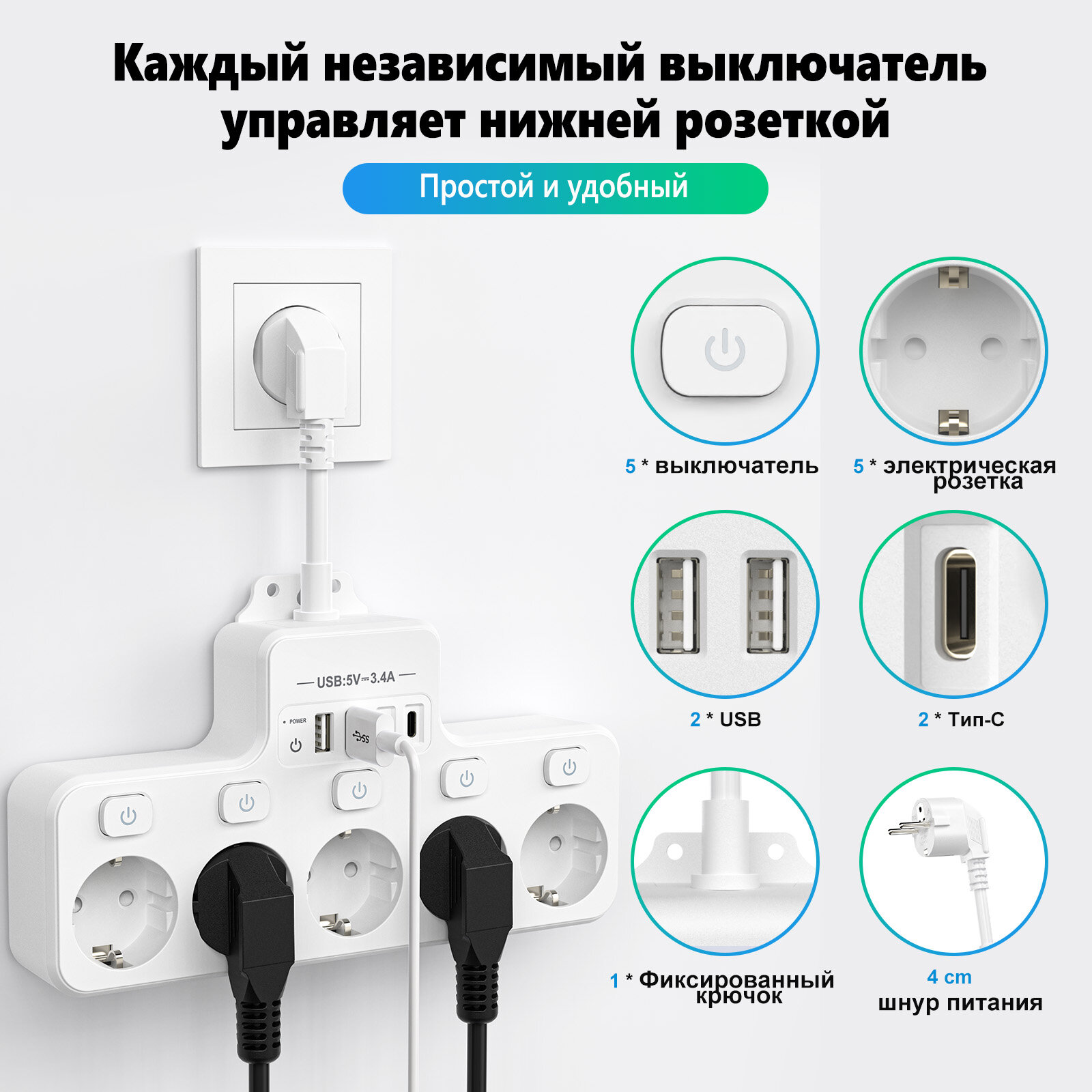 HITRENDS удлинителя с 2 USB и 2 быстрой зарядки Type-C, 5 разъемов, независимый выключатель, белое