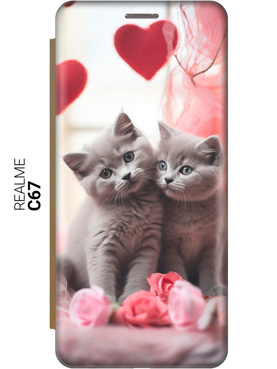Чехол-книжка на Realme C67 / Рилми С67 с рисунком "Котики и сердечки" золотой