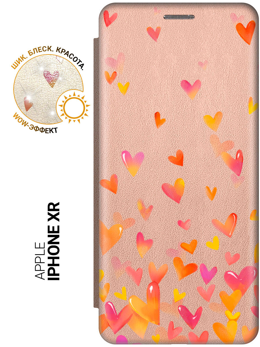 Чехол-книжка на Apple iPhone XR / Эпл Айфон Икс Эр с рисунком "Flying Hearts" золотистый