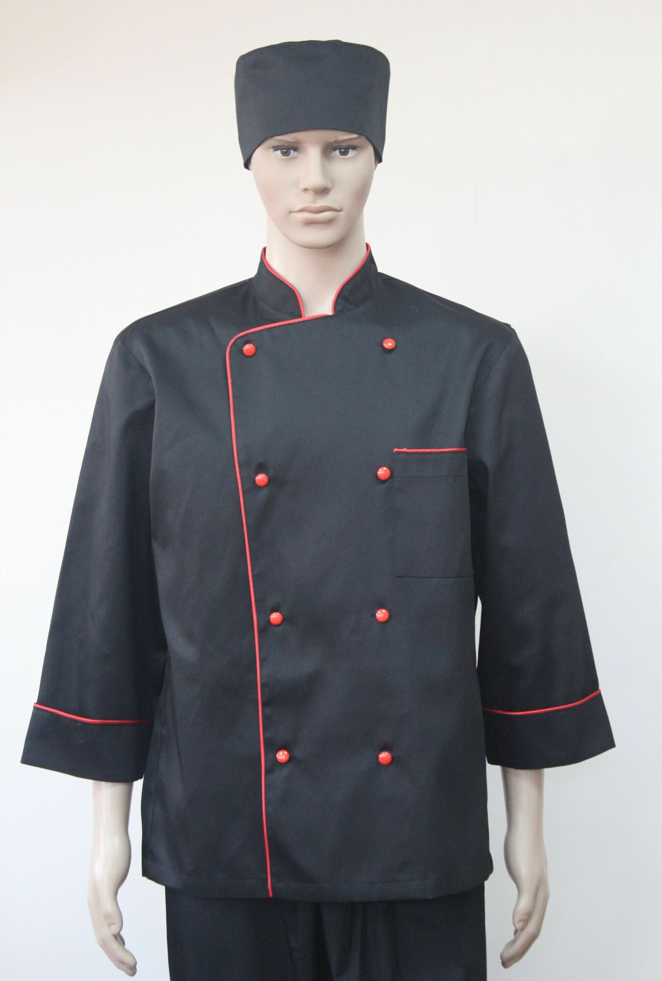 Китель поварской мужской черный с красным кантом, форма повара